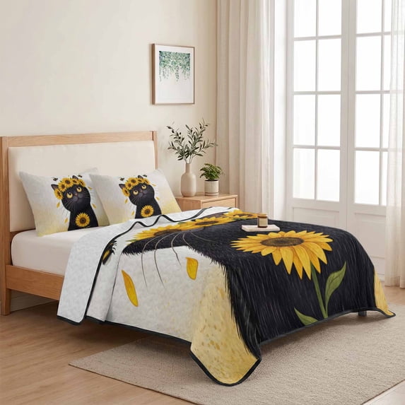 Black Cat Yellow Sunflower Bee 3 Pieces Quilt Set,1 Quilt with 2 Shams ...