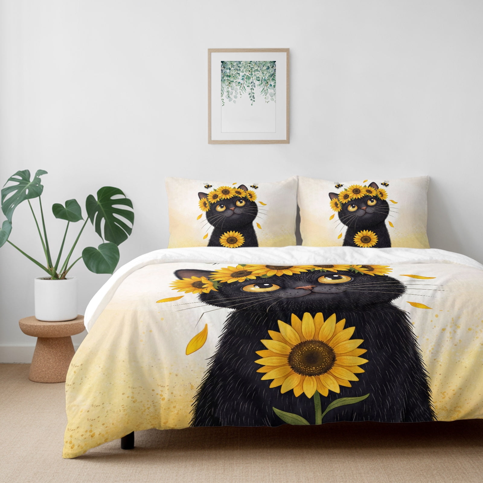Black Cat Yellow Sunflower Bee California King Size Bed Set,Country ...
