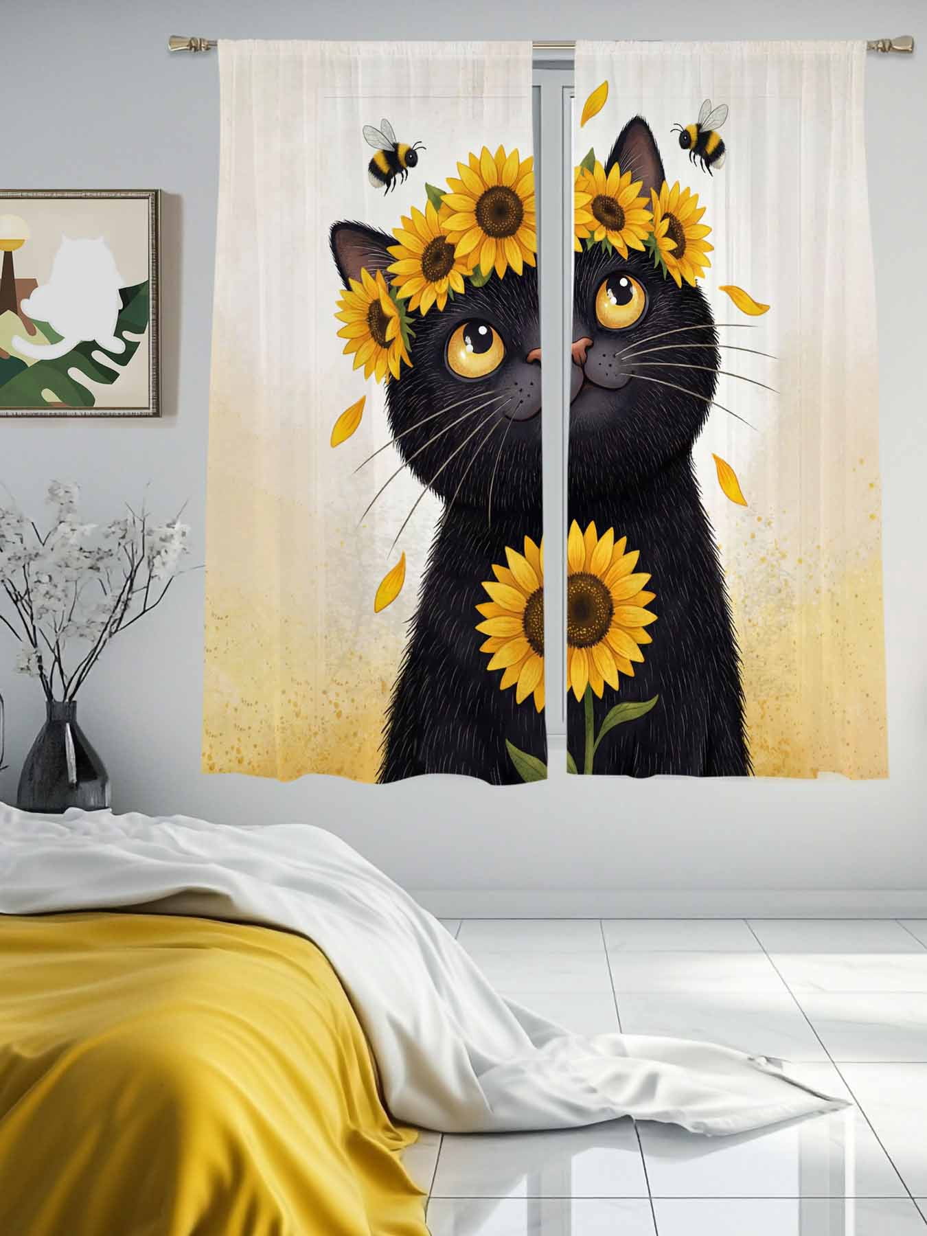 Black Cat Yellow Sunflower Bee Chiffon Sheer Curtains 63 Inches Long ...