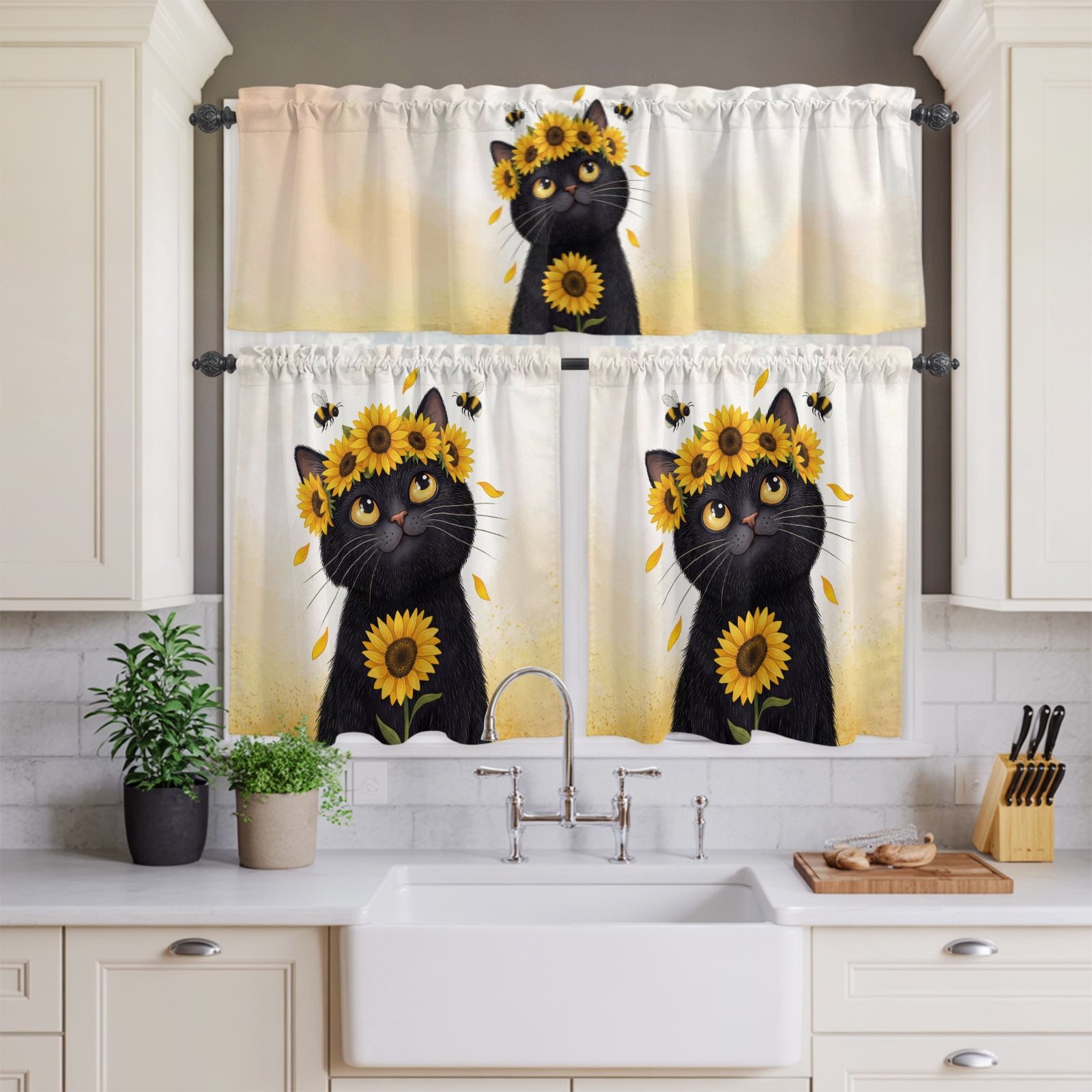 Black Cat Yellow Sunflower Bee Curtain Tier and Valance Set 3 Piece ...
