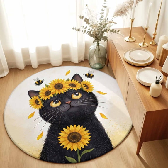 Black Cat Yellow Sunflower Bee Round Area Rug 3ft,Living Room Rug Non ...