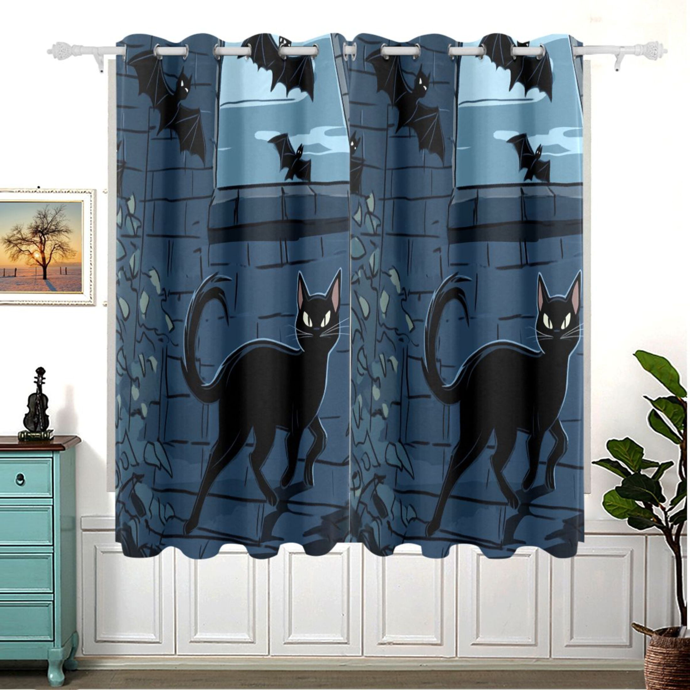 Black Cat and Bat Blackout Curtains for Living Room Bedroom 55W x 63L ...