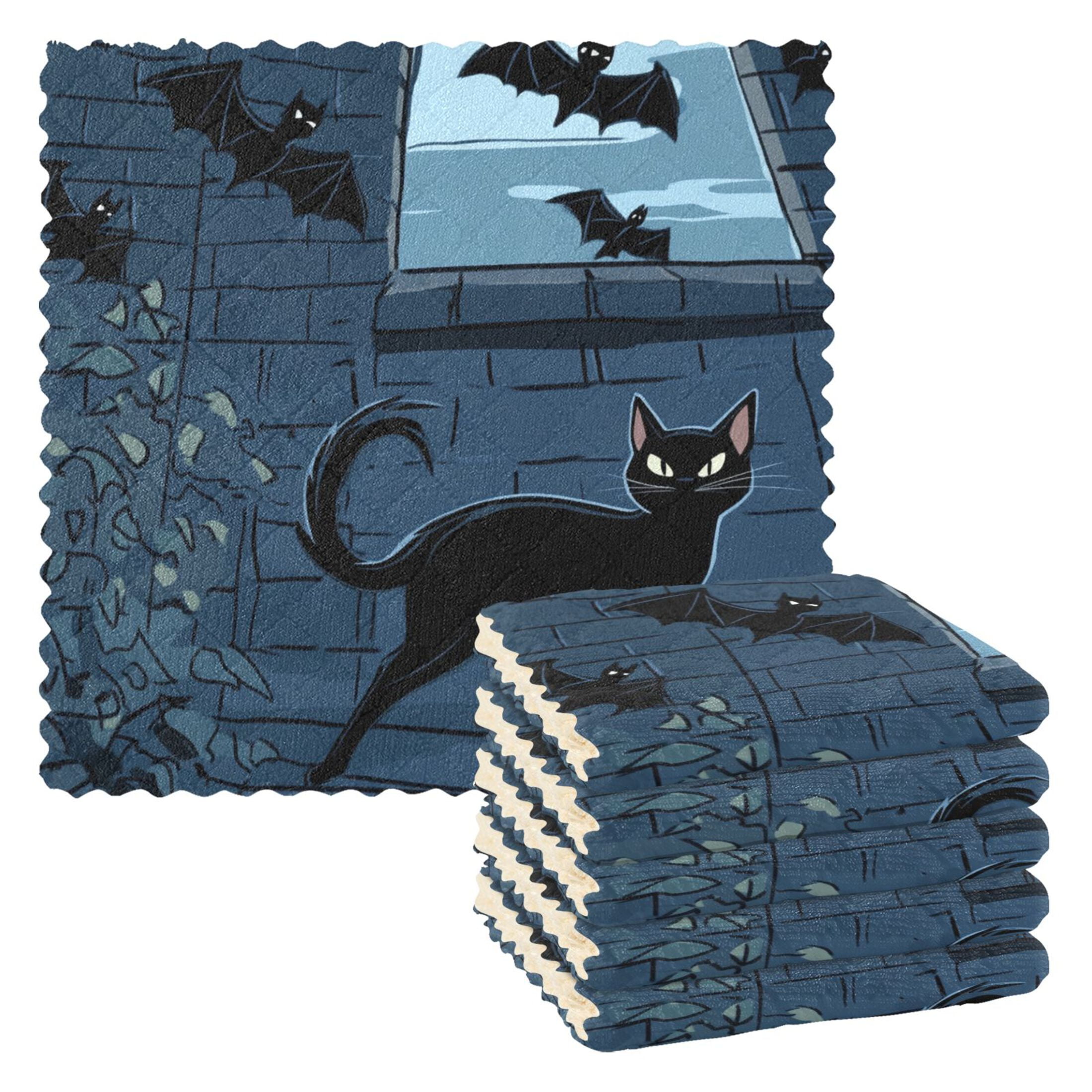 Black Cat and Bat Kitchen Cloth Dish Towels for Drying Washing ...