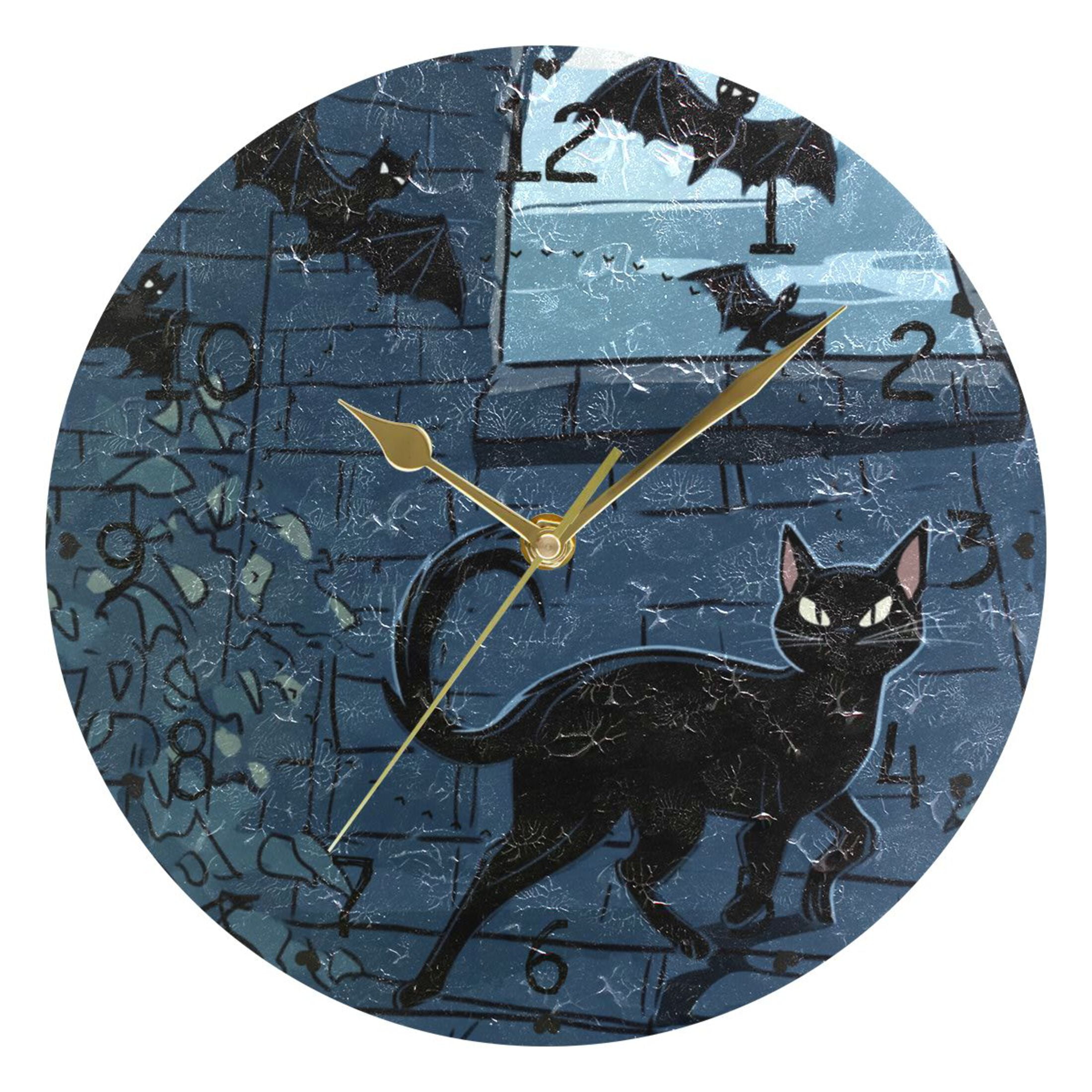 Black Cat and Bat Round Wall Clock Silent Battery Operated Home Decor ...
