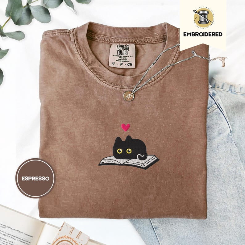 Black Cat and Book Embroidered Comfort Colors Tee, Gift for Readers ...