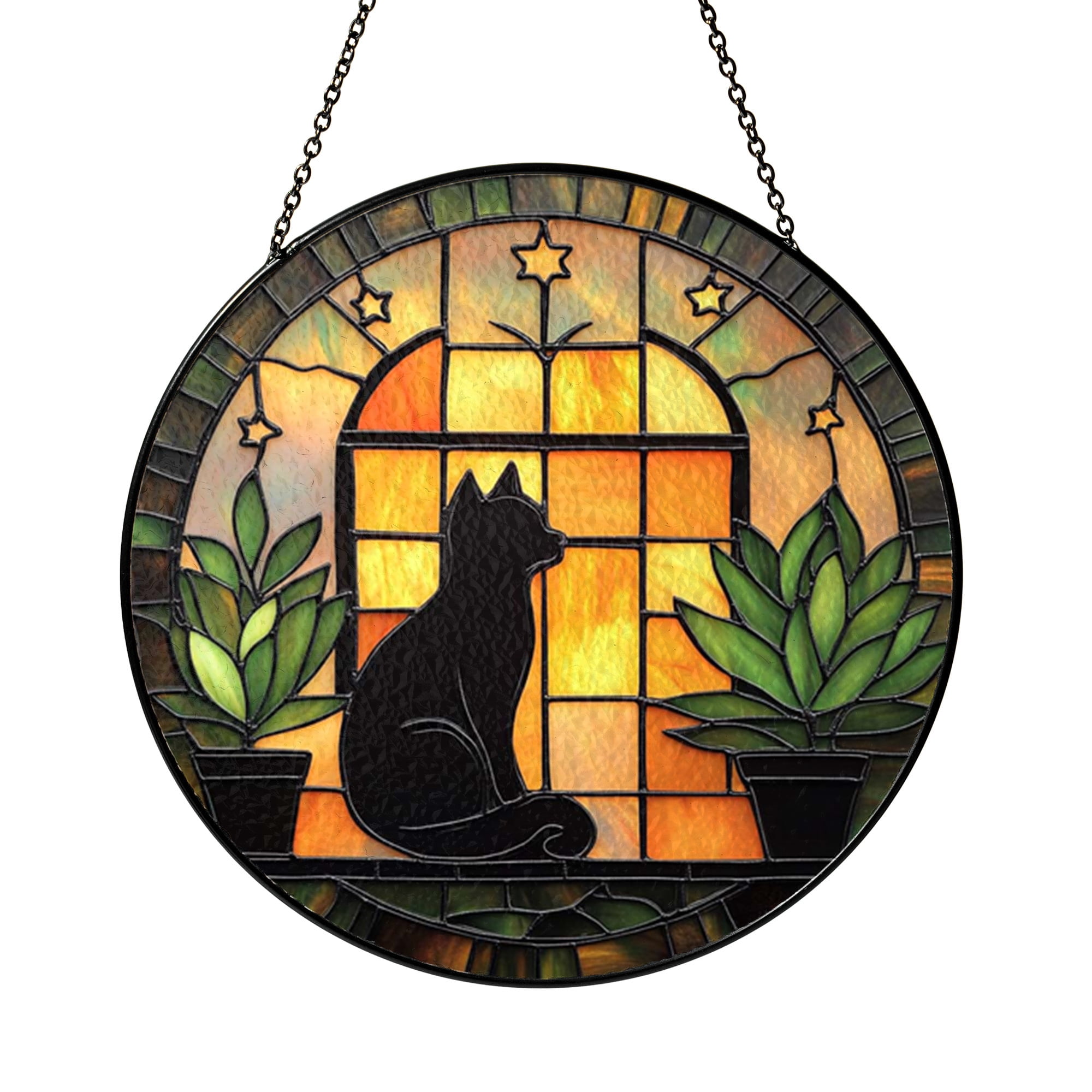 Black Cat and Book Faux Stained Glass Suncatcher, Window Hanging Decor ...