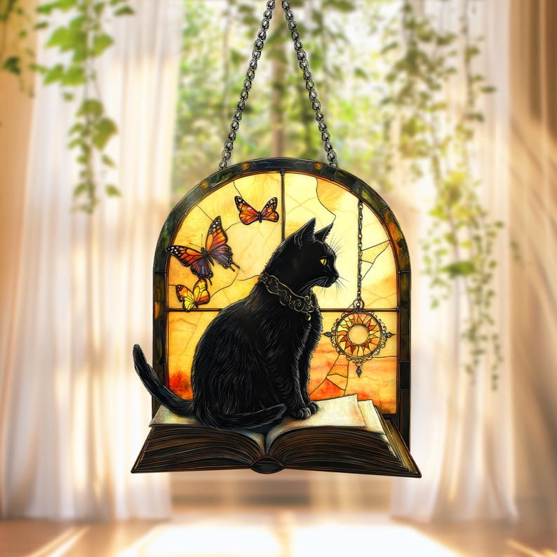 Black Cat and Butterflies Acrylic Suncatcher, Gothic Window Hanging ...