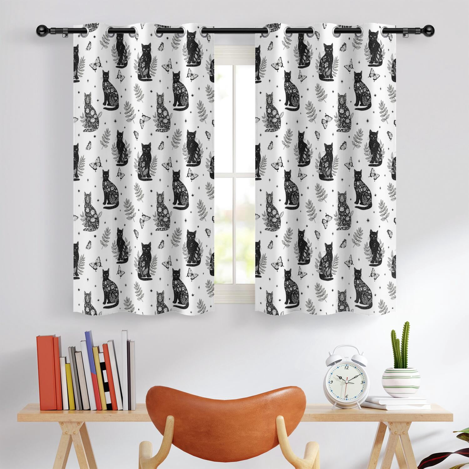 Black Cat and Butterfly White Pattern Blackout Curtains,Triple Weaved ...