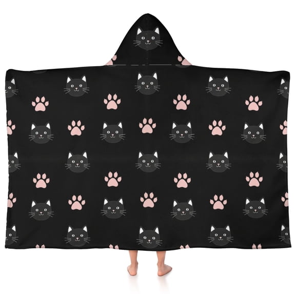 Black Cat and Dog Paw Print Black Pattern Teens Hooded Bath Towel Wrap ...