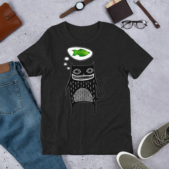Black Cat and Fish Shirt Outsider Folk Art Print Birthday Funny Gift ...