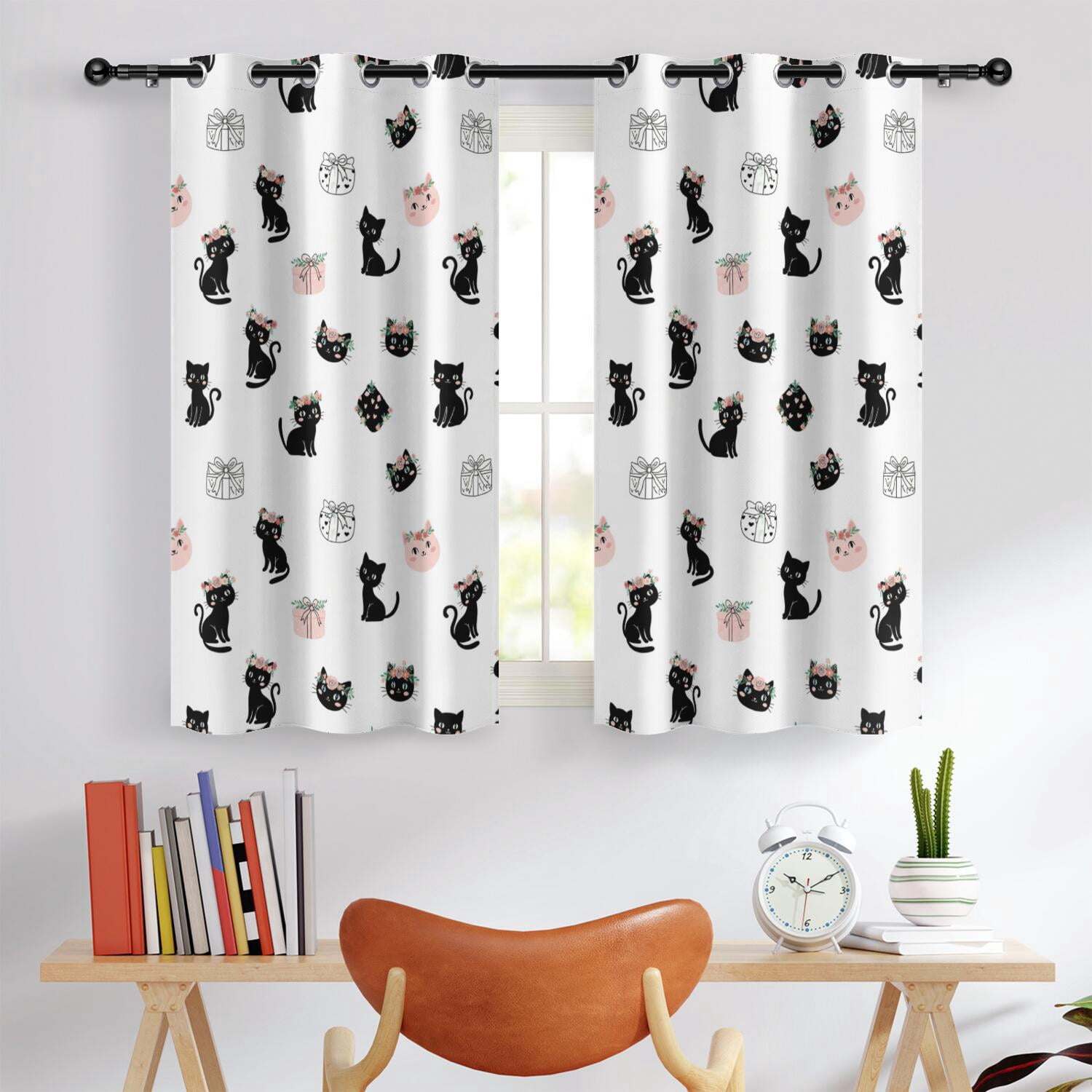 Black Cat and Gift White Pattern Blackout Curtains,Triple Weaved Fabric ...
