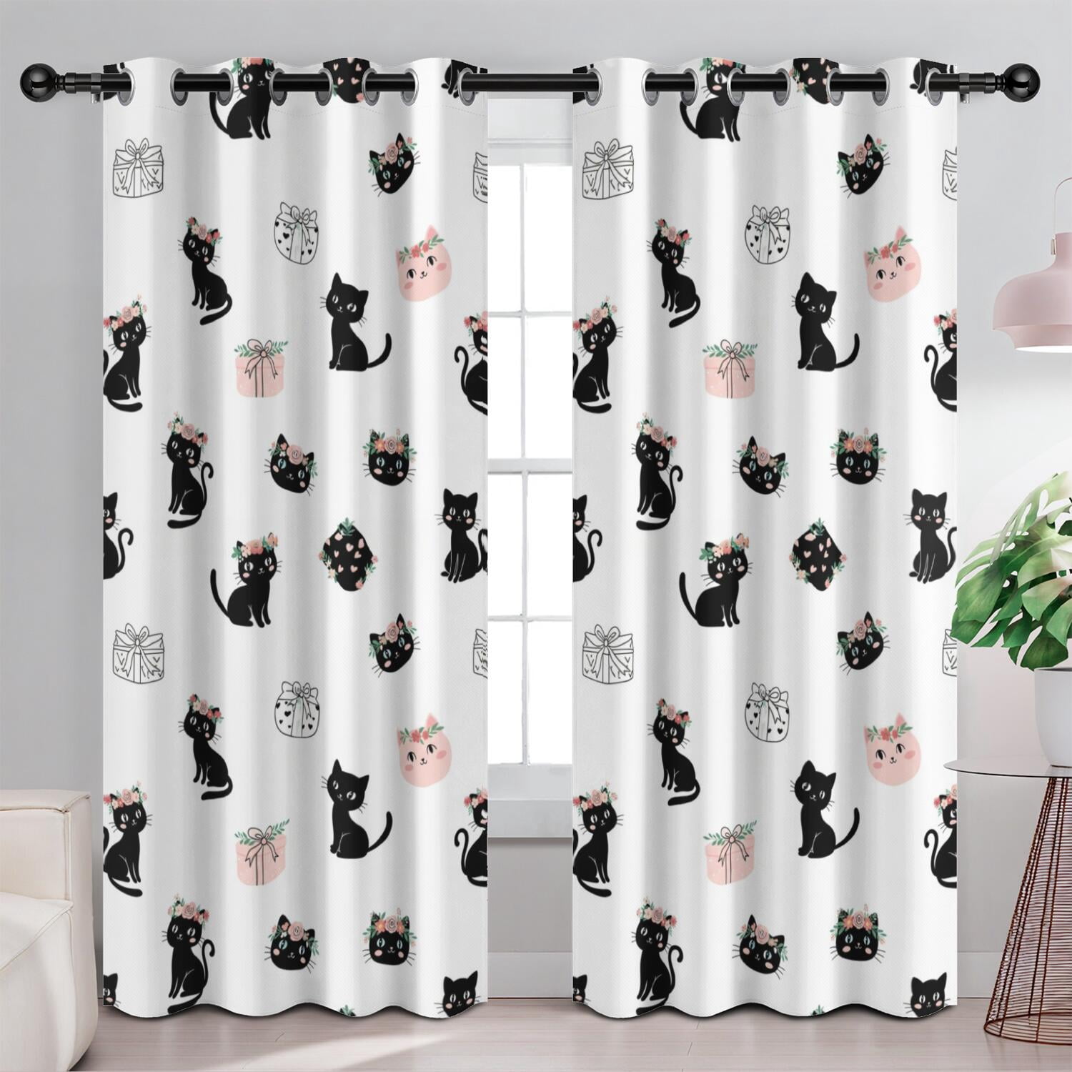 Black Cat and Gift White Pattern Blackout Curtains,Triple Weaved Fabric ...