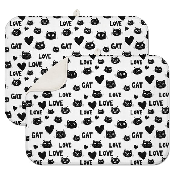 Black Cat and Heart White Pattern 2 Pack Kitchen Dish Drying Mat, Ultra ...