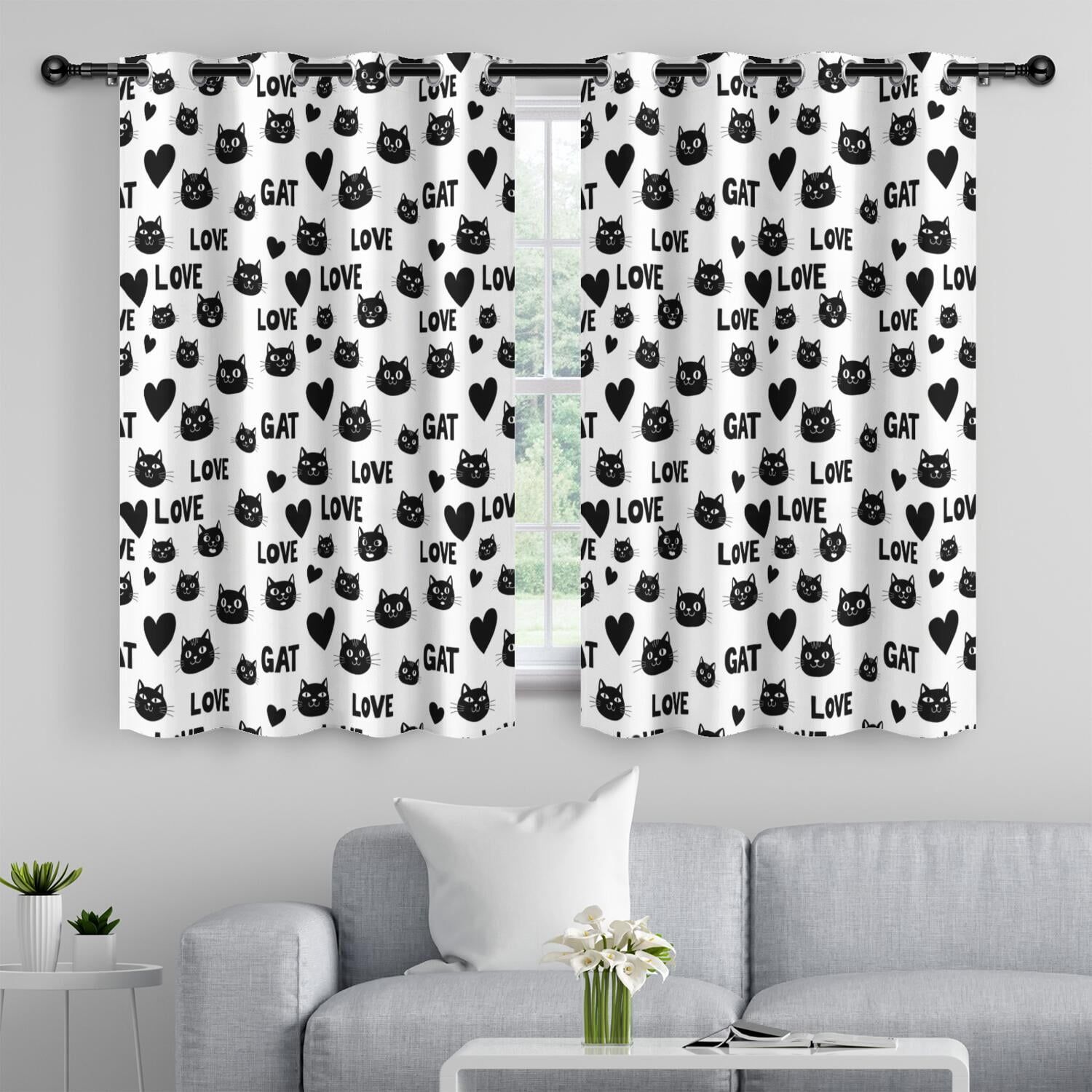 Black Cat and Heart White Pattern Blackout Curtains,Triple Weaved ...