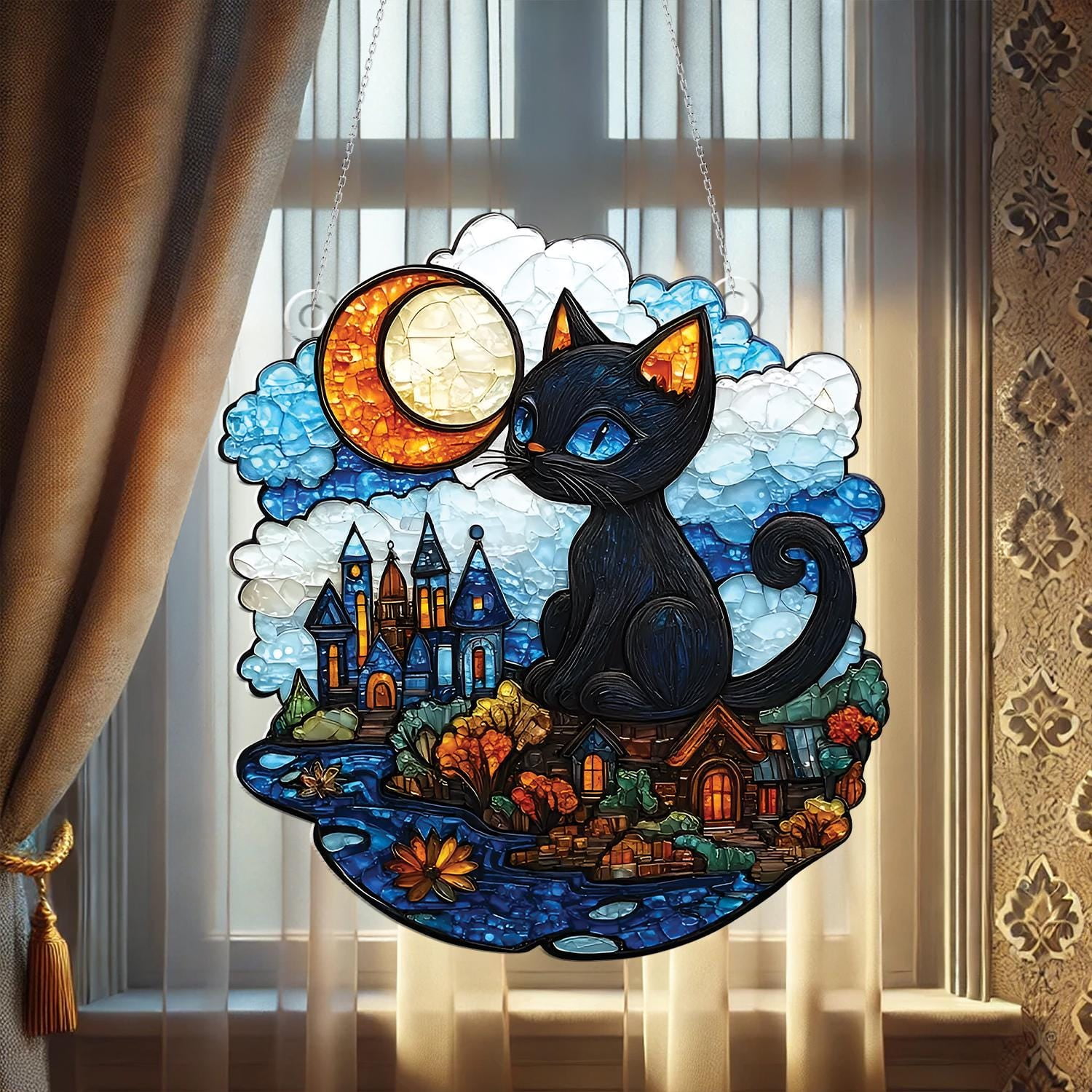 Black Cat and Moon Acrylic Suncatcher, Fantasy Cat Window Hanging ...