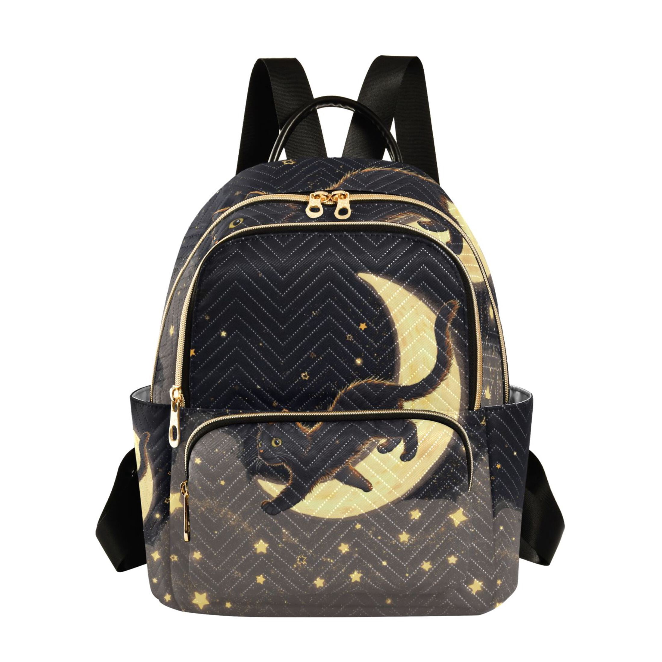 Black Cat and Moon Fashion Backpack Quilted Lightweight Women Travel ...