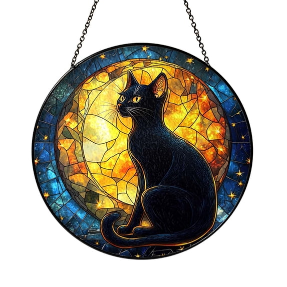 Black Cat and Moon Scene Stained Glass Suncatcher, Decorative Window ...