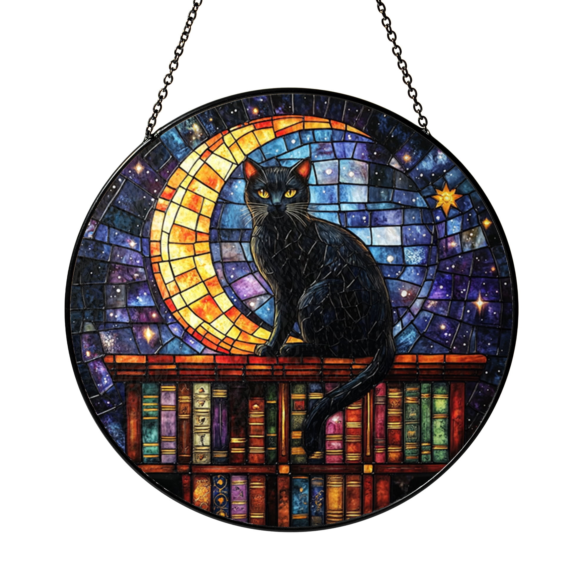 Black Cat and Moon Stained Glass Suncatcher – Night Window Hanging Art ...