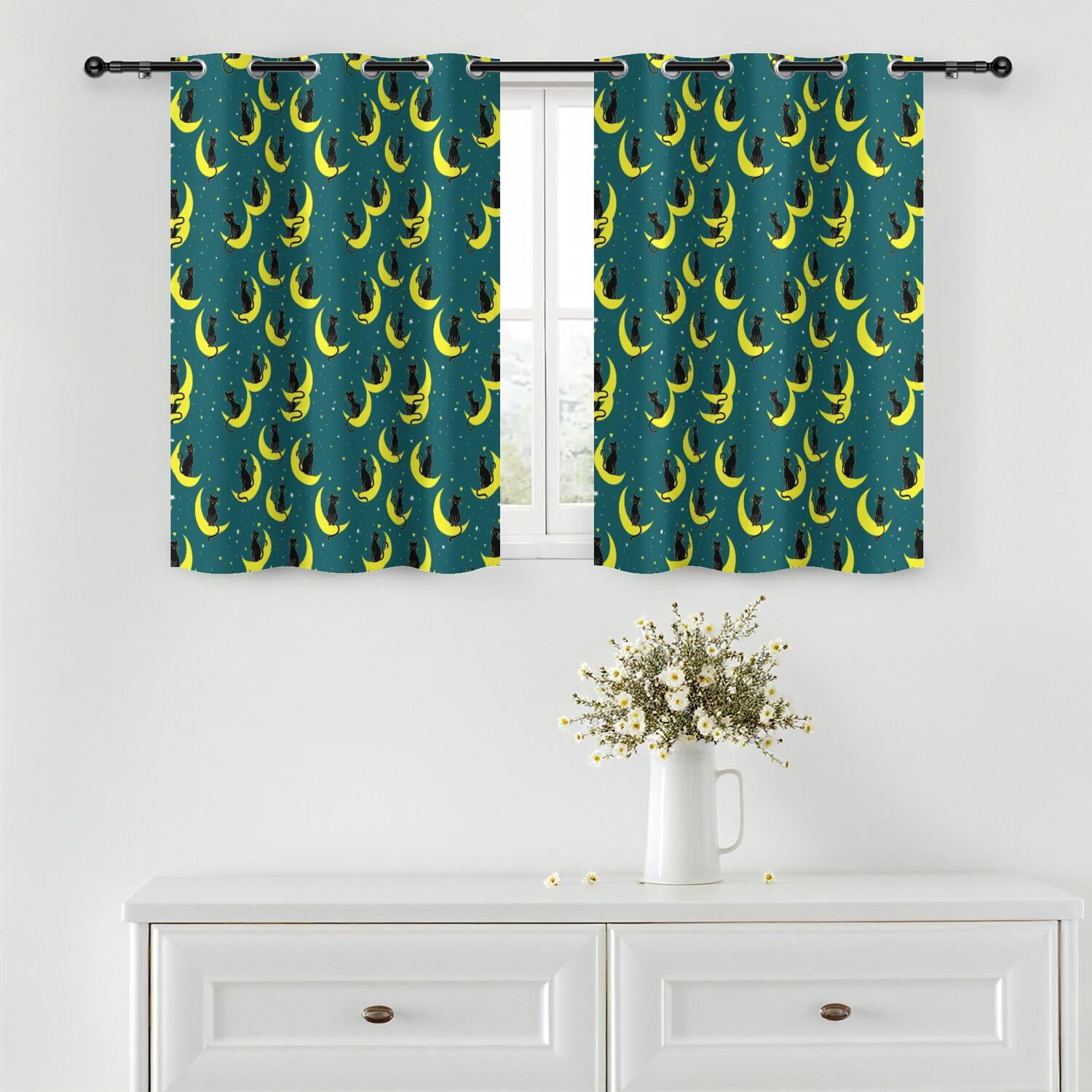 Black Cat and Moon Teal Pattern Blackout Curtains,Triple Weaved Fabric ...