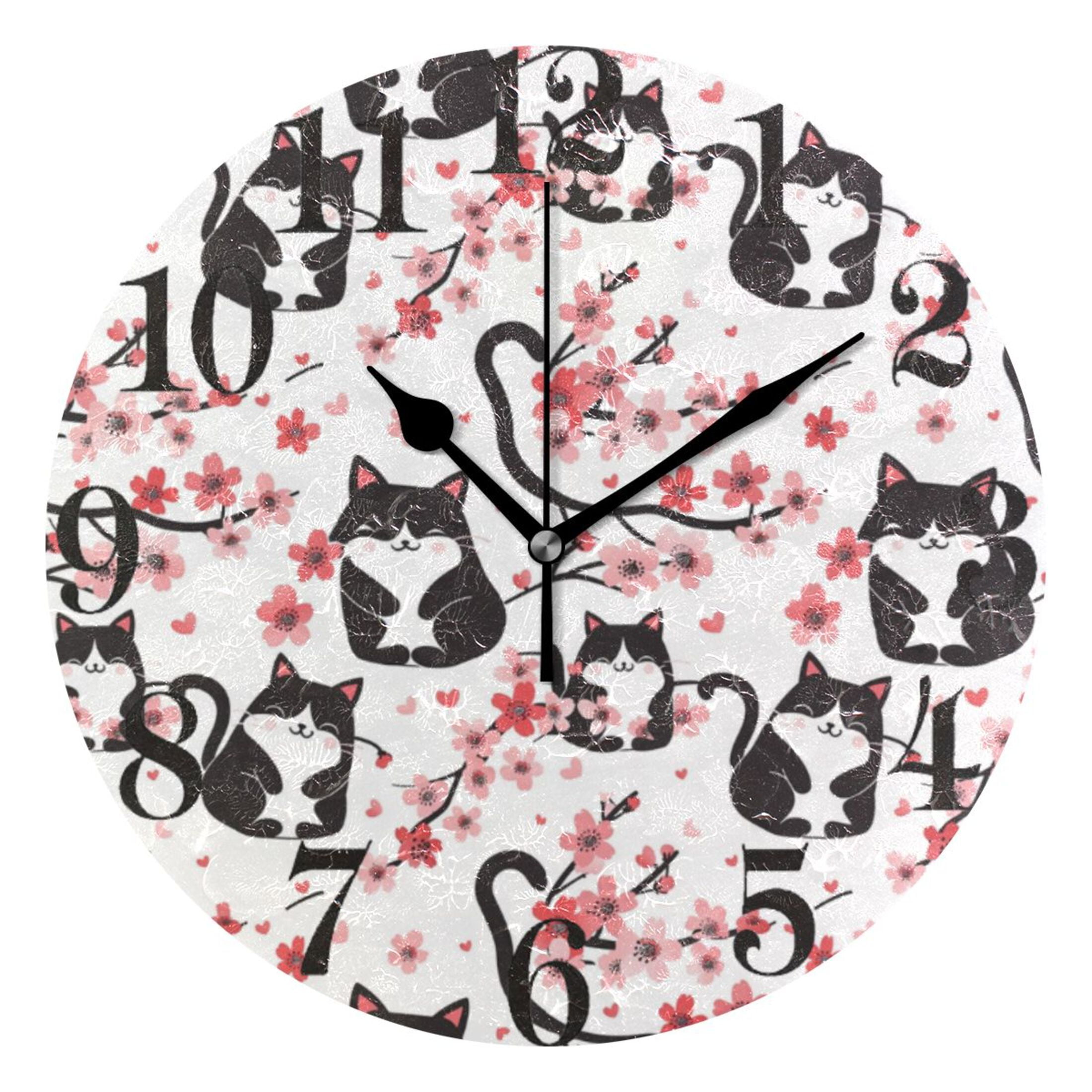 Black Cat and Oriental Cherry Wall Clock 9.8 inch Battery Operated ...