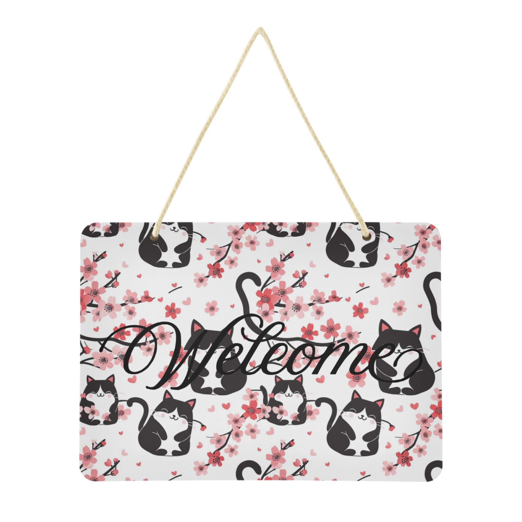 Black Cat and Oriental Cherry Welcome Sign Front Door PVC 14x10 inch ...