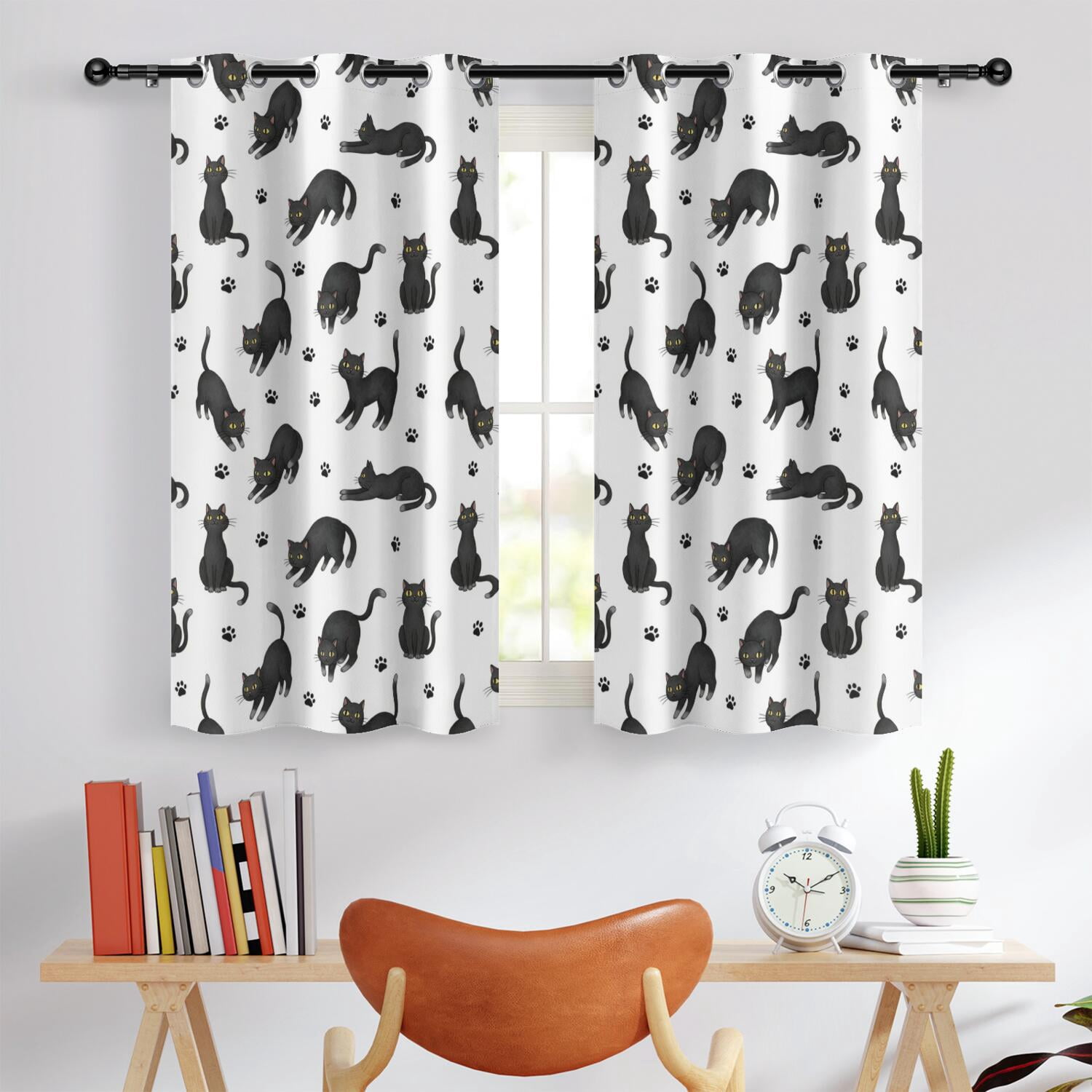 Black Cat and Paw Print White Pattern Blackout Curtains,Triple Weaved ...