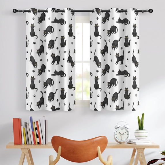 Black Cat and Paw Print White Pattern Blackout Curtains,Triple Weaved ...