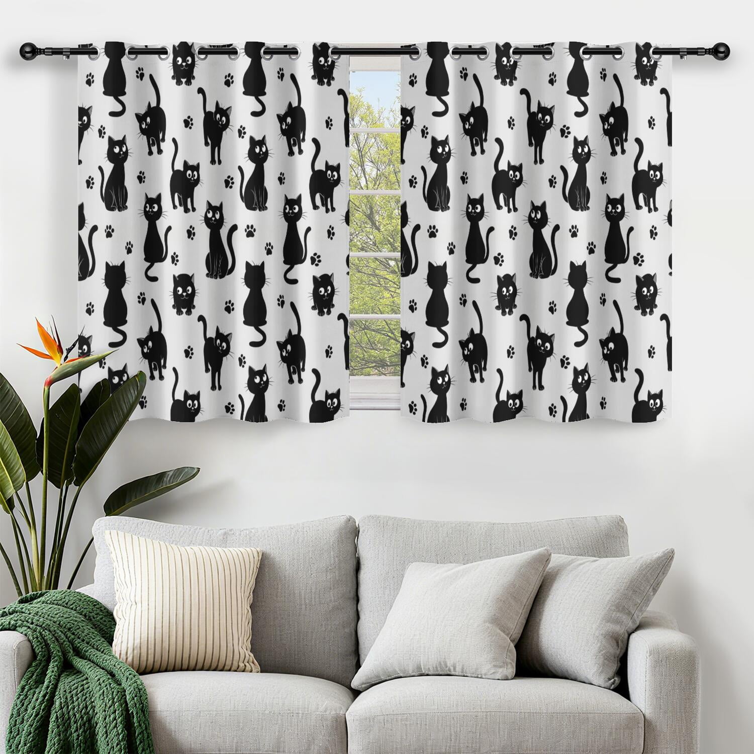 Black Cat and Paw Print White Pattern Blackout Curtains,Triple Weaved ...