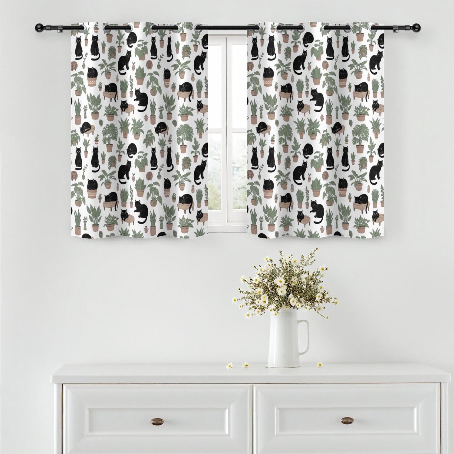 Black Cat and Plant White Pattern Blackout Curtains,Triple Weaved ...