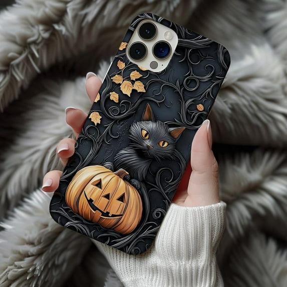 Black Cat and Pumpkin Halloween 3D Phone Case 17 16 15 14 13 12 11 Pro ...