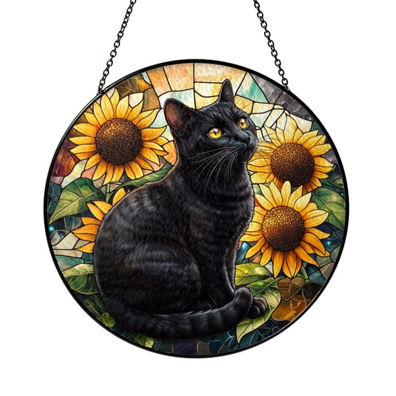 Black Cat and Sunflower Window Suncatcher Hanging, Floral Stained Glass ...