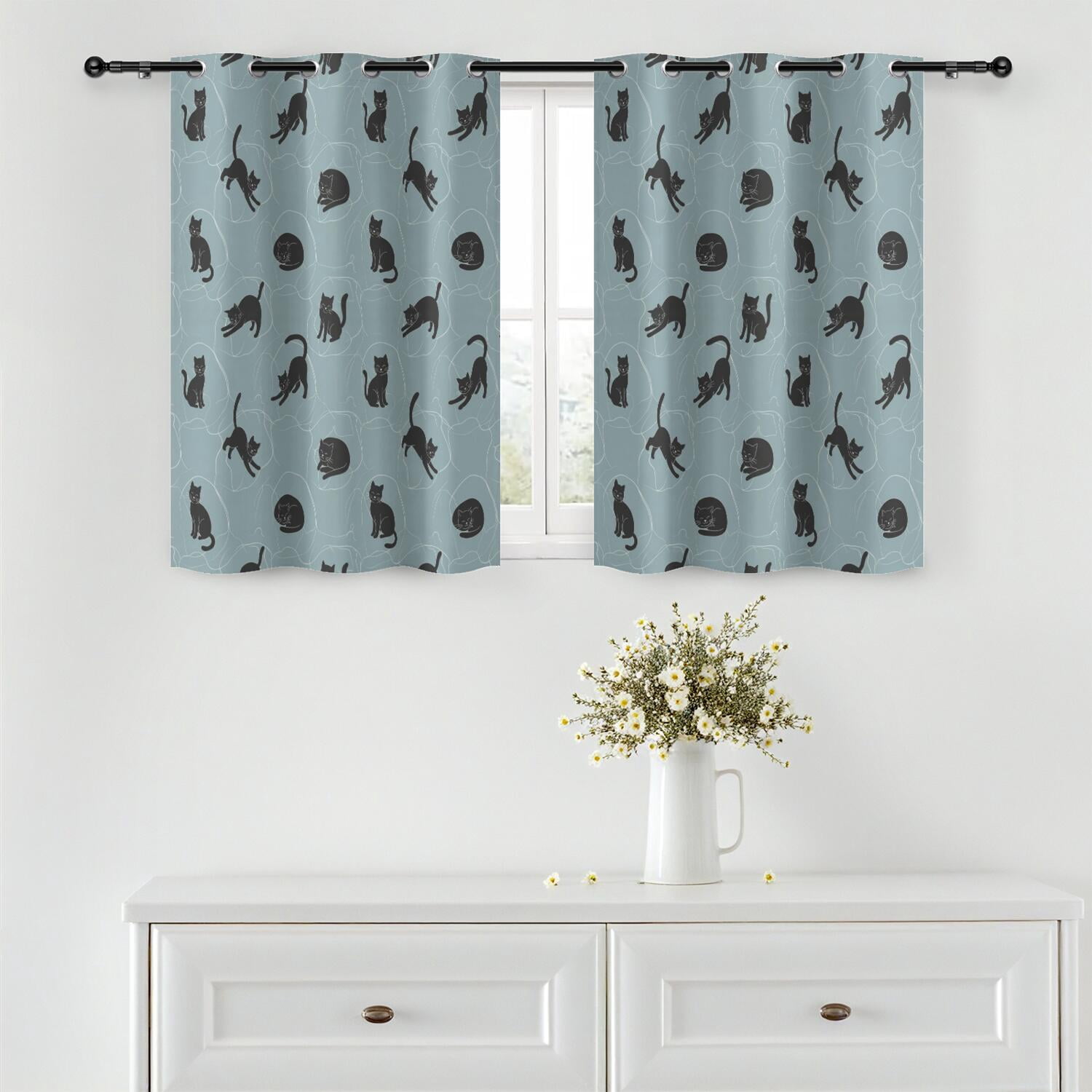 Black Cat and Yarn Ball Blue Pattern Blackout Curtains,Triple Weaved ...