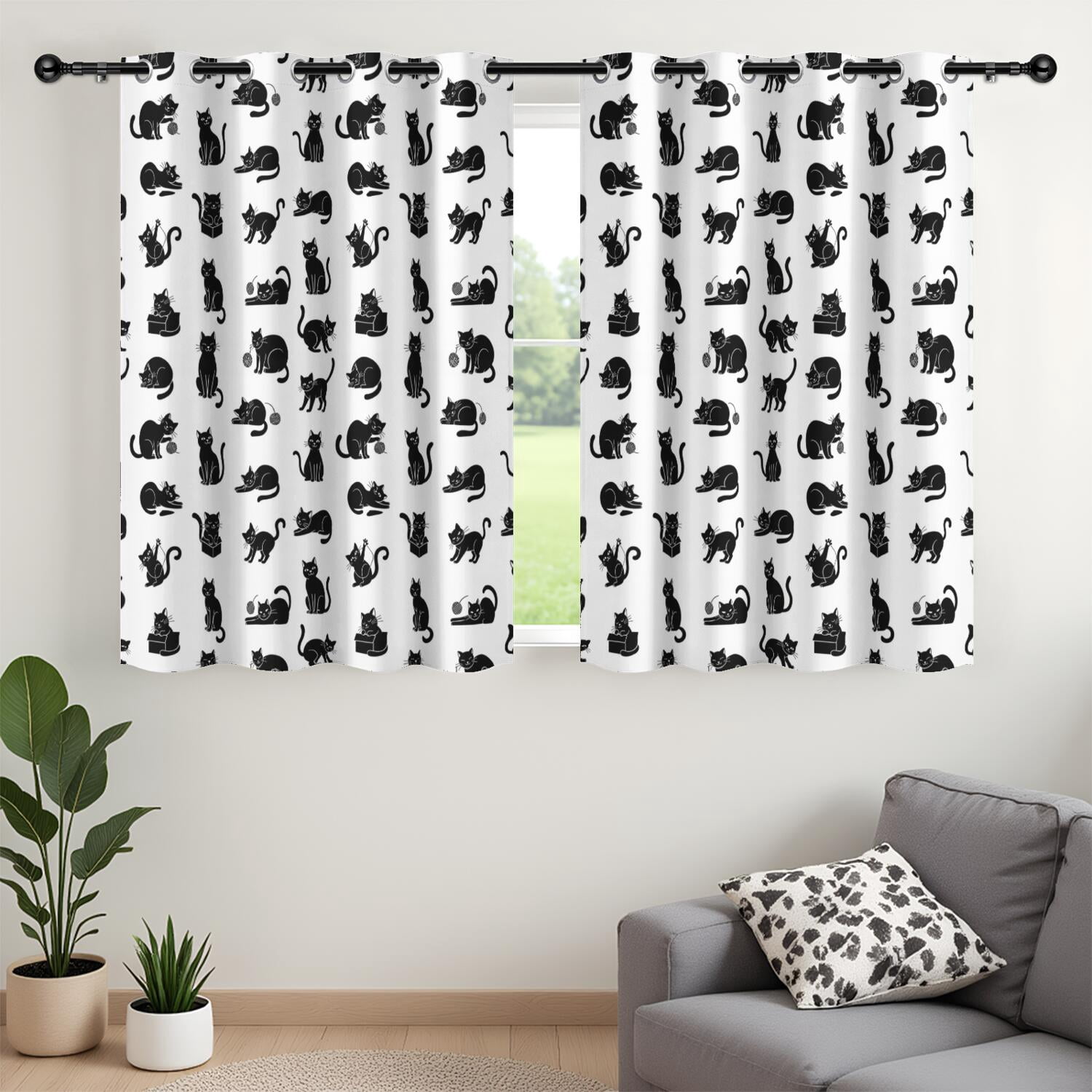 Black Cat and Yarn White Pattern Blackout Curtains,Triple Weaved Fabric ...