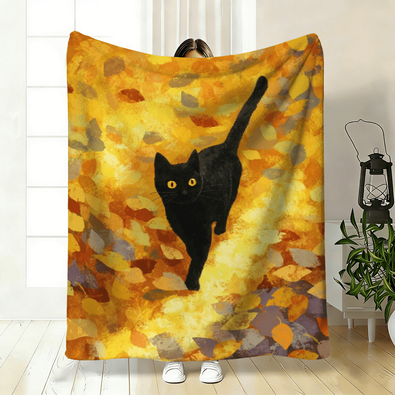 Black Cat in Autumn Leaves Flannel Blanket, Vibrant Fall Artwork, Soft ...
