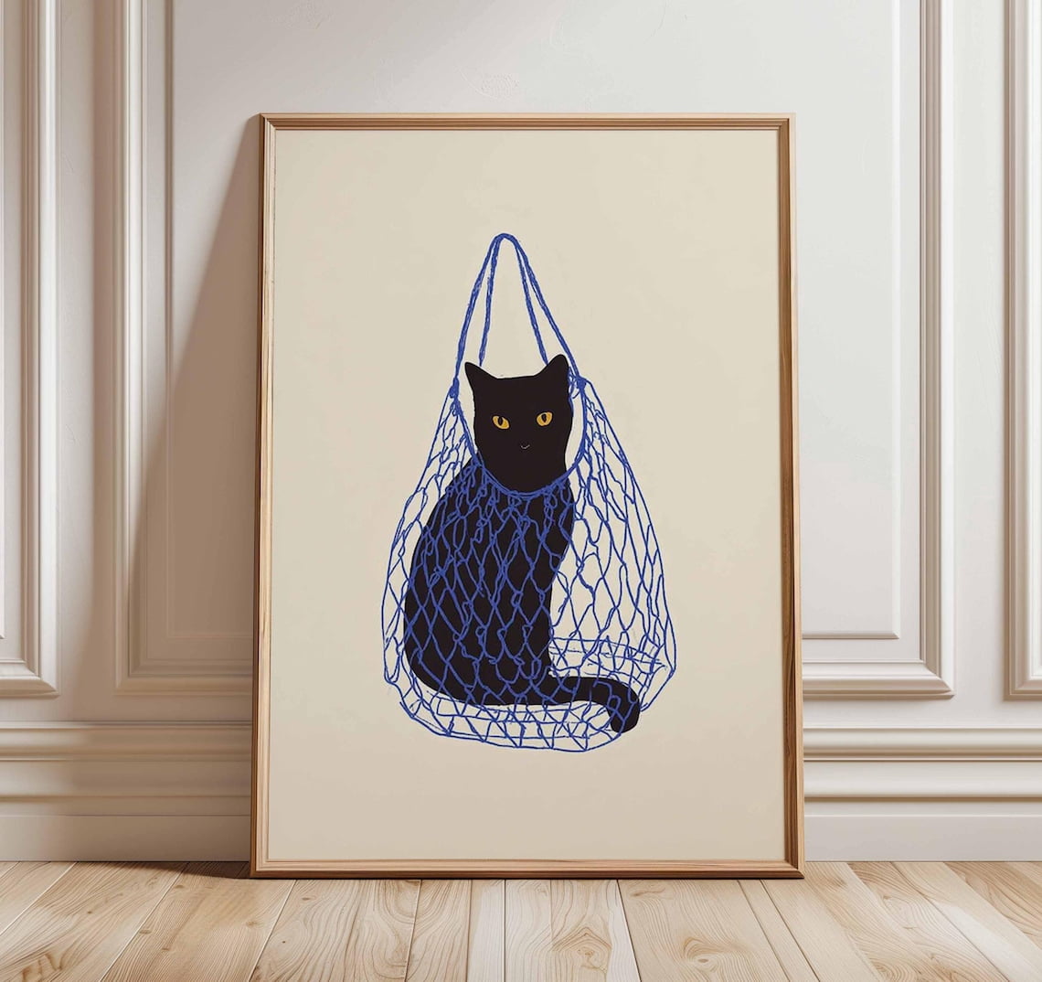 Black Cat in Blue Net Art Minimalist Cat Lover Decor Feline Art ...