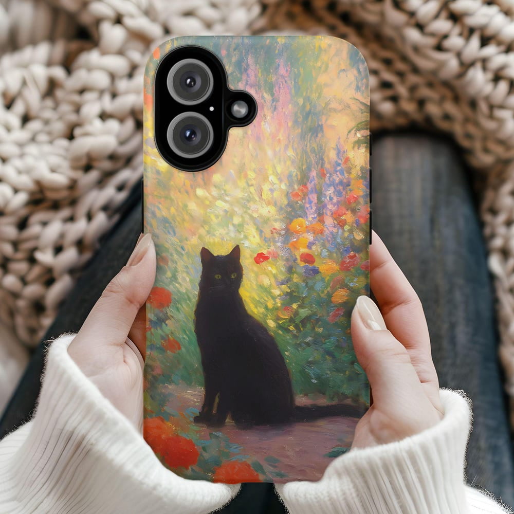 Black Cat in Garden Impressionist Floral Phone Case 17 16 15 14 13 12 ...