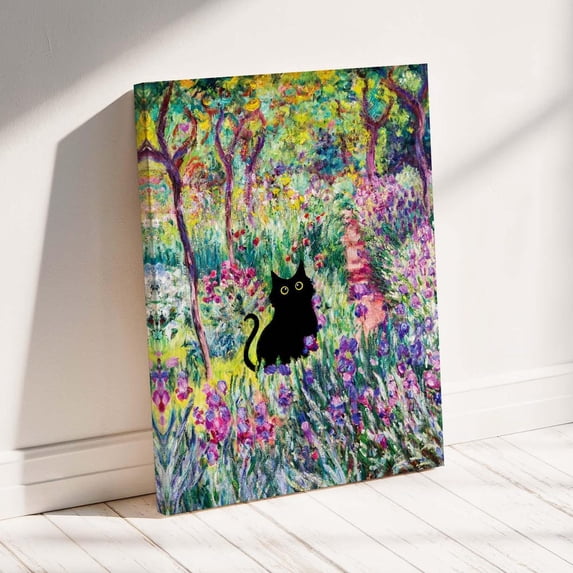 Black Cat in Monet Garden Art Whimsical Cat Wall Art Colorful Cat Decor ...