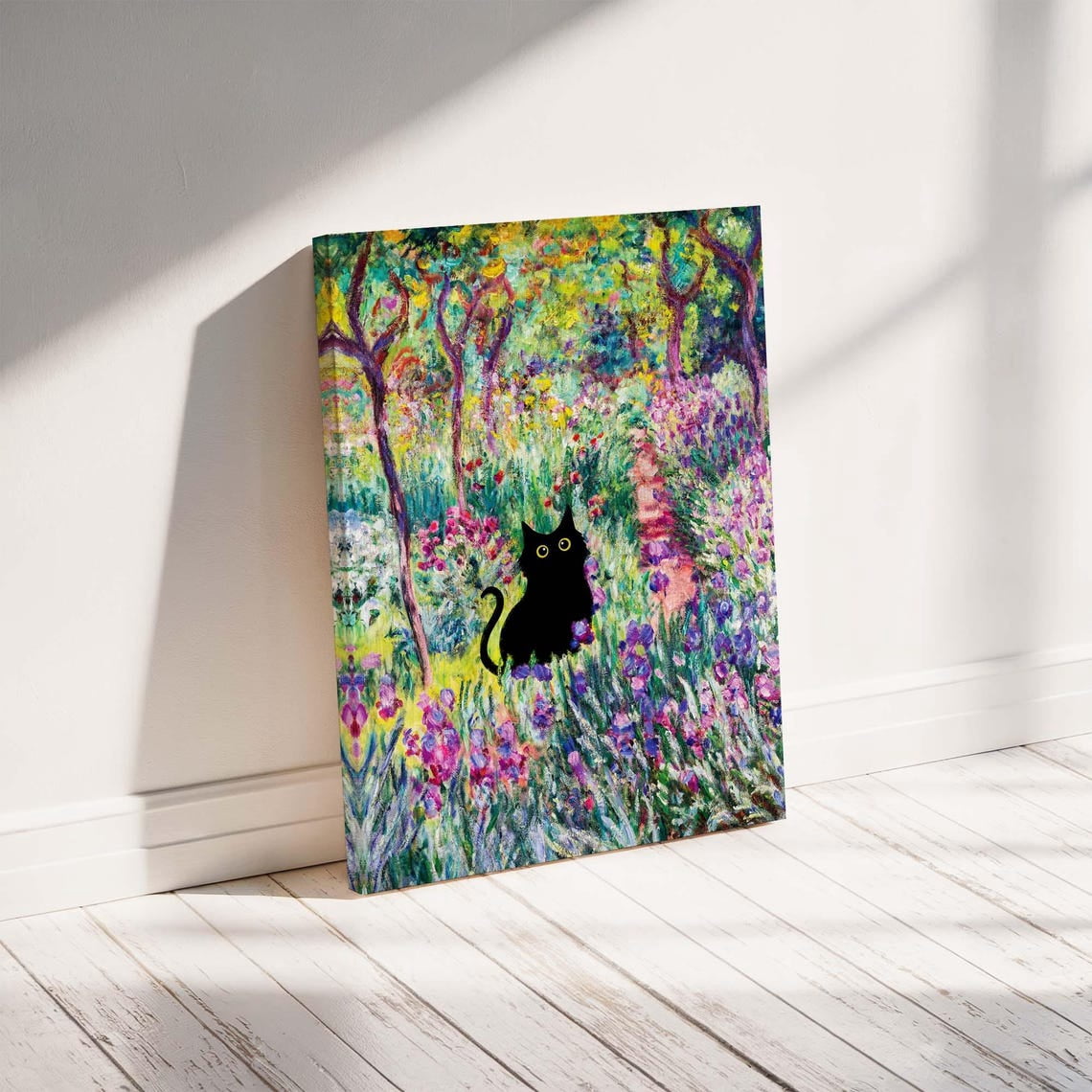 Black Cat in Monet Garden Whimsical Impressionist Wall Picture Unframed ...