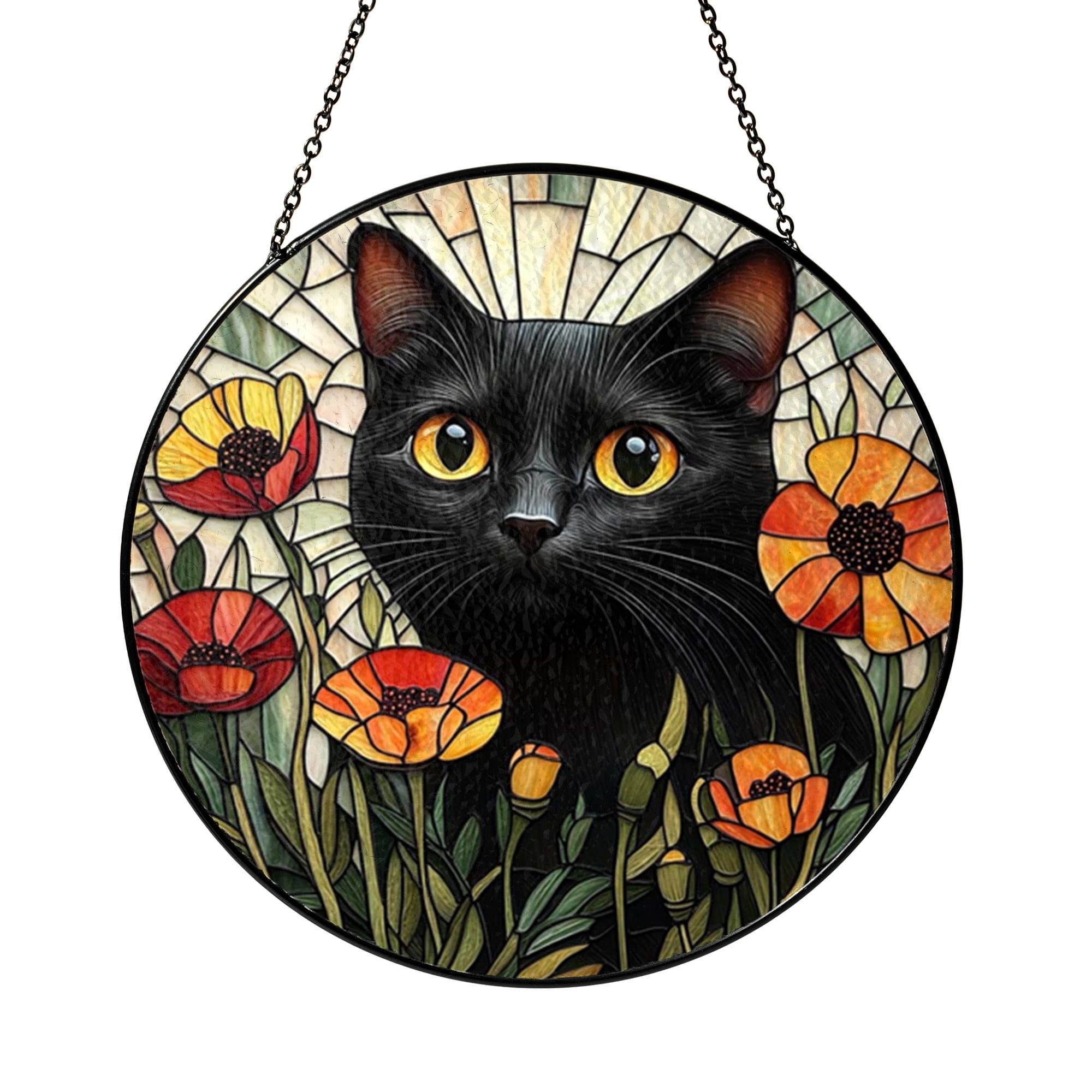 Black Cat in Poppies Stained Glass Suncatcher Window Hanging, Floral ...