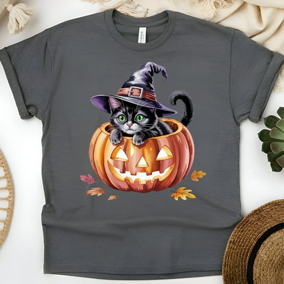 Black Cat in Pumpkin Halloween Shirt | Cute Witch Cat with Jack-O ...