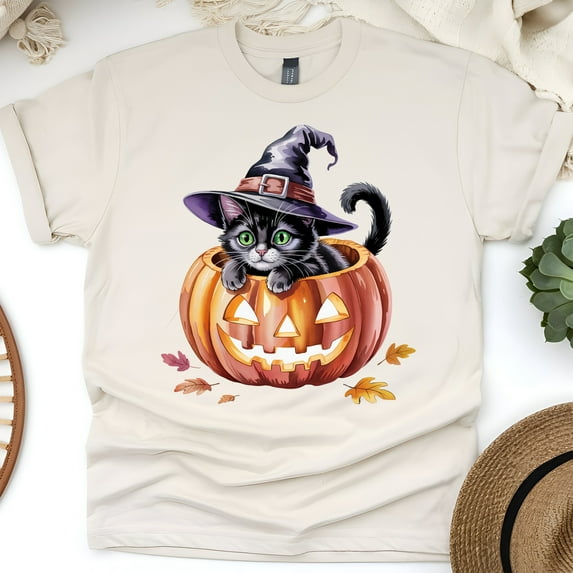 Black Cat in Pumpkin Halloween Shirt | Cute Witch Cat with Jack-O ...