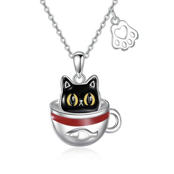 Black Cat in Teacup Necklace Cute 925 Sterling Silver Animal Pendant ...
