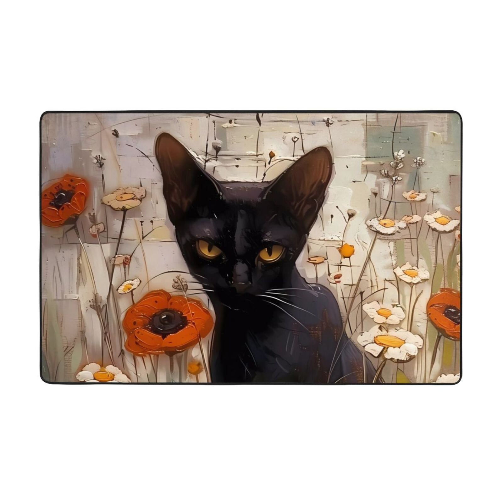 Black Cat in Wildflowers Soft Indoor Outdoor Rug, Washable Rugs for ...
