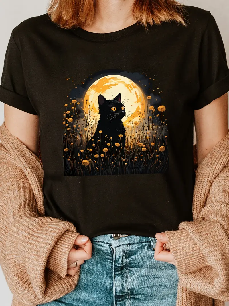 Black Cat in a Golden Moonlit Grass Patch - Print T-Shirt, Short-Sleeve ...