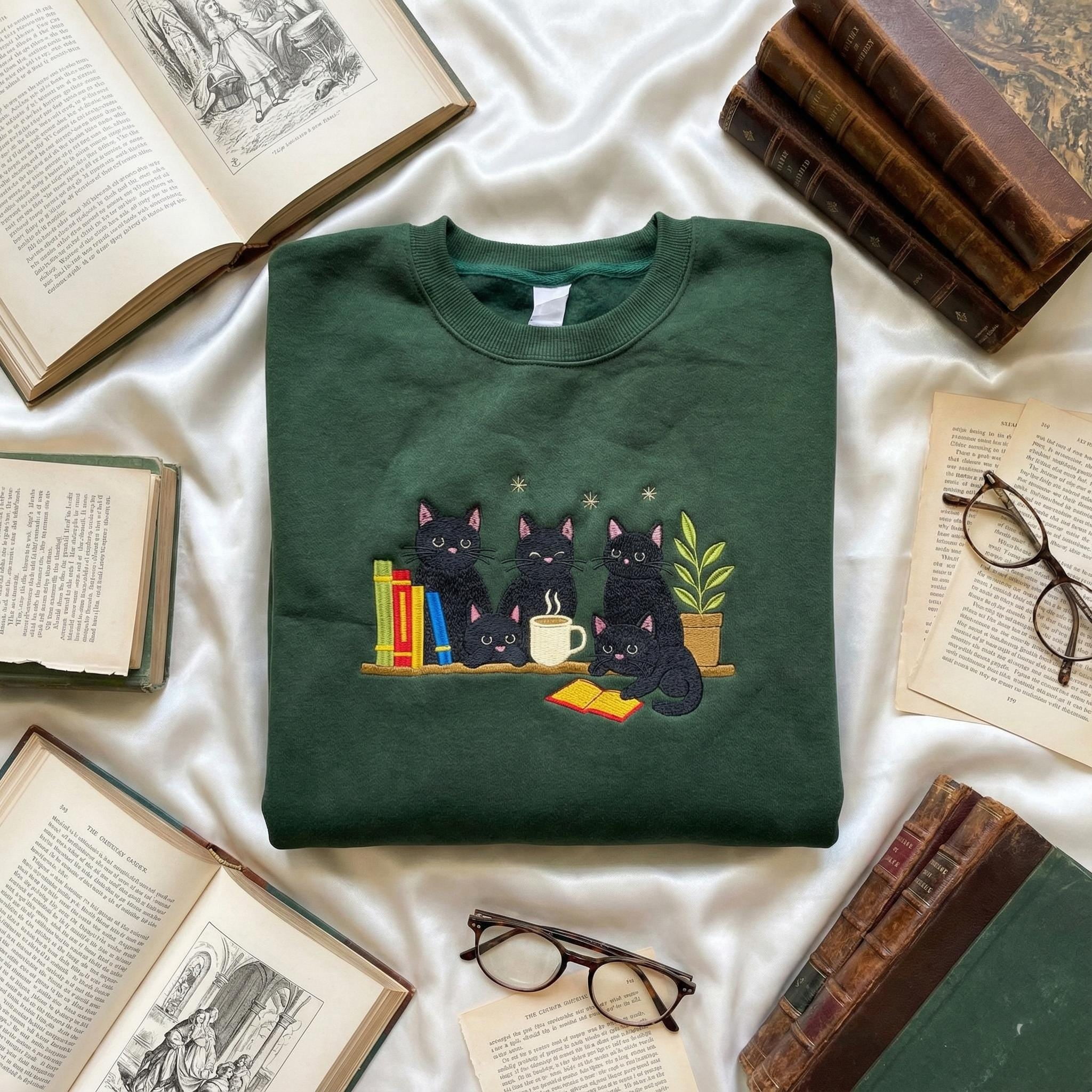 Black Cat on Bookshelf Embroidered Sweatshirt, Cozy Cat Mom Gift, Dark ...