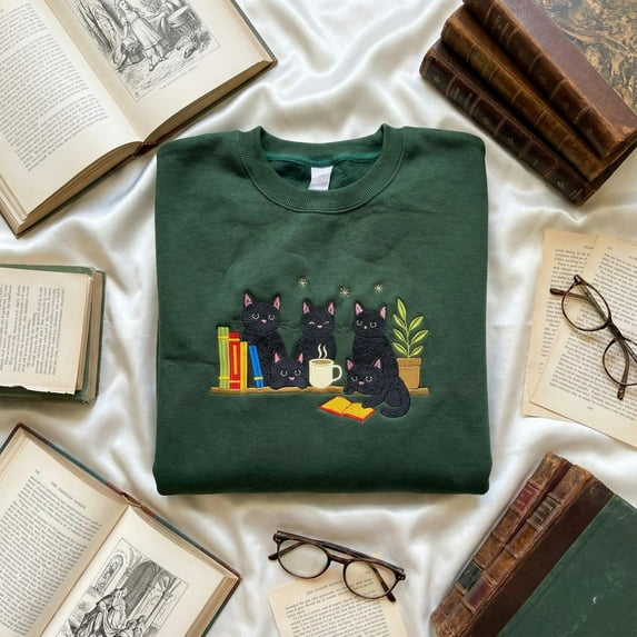 Black Cat on Bookshelf Embroidered Sweatshirt, Cozy Cat Mom Gift, Dark ...
