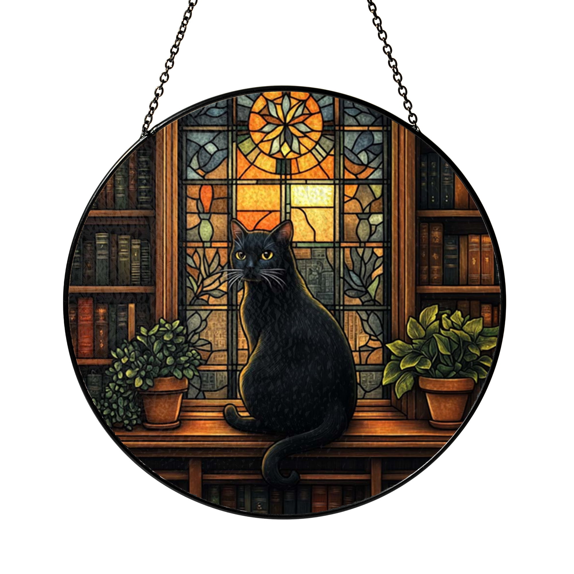 Black Cat on Bookshelf Stained Glass Style Circular Suncatcher Window ...