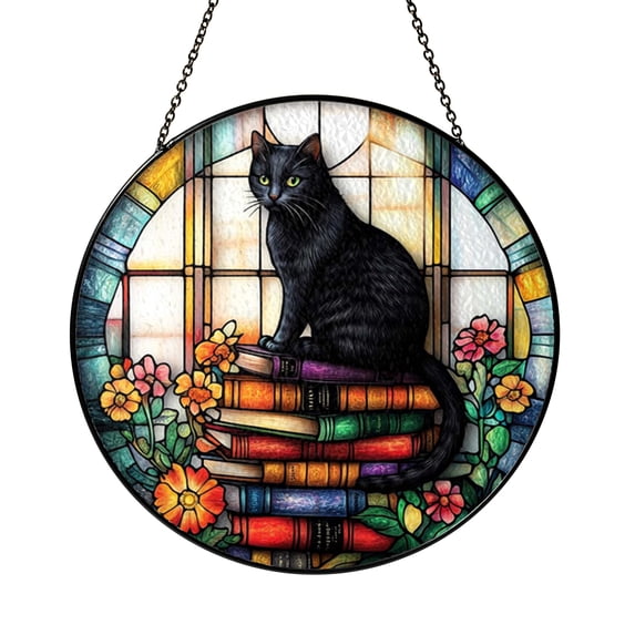 Black Cat on Bookshelf Window Suncatcher, Stained Glass Style Literary ...
