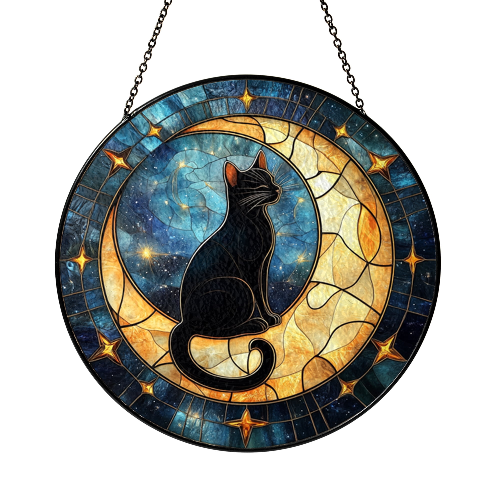 Black Cat on Crescent Moon Stained Glass Suncatcher Window Hanging ...