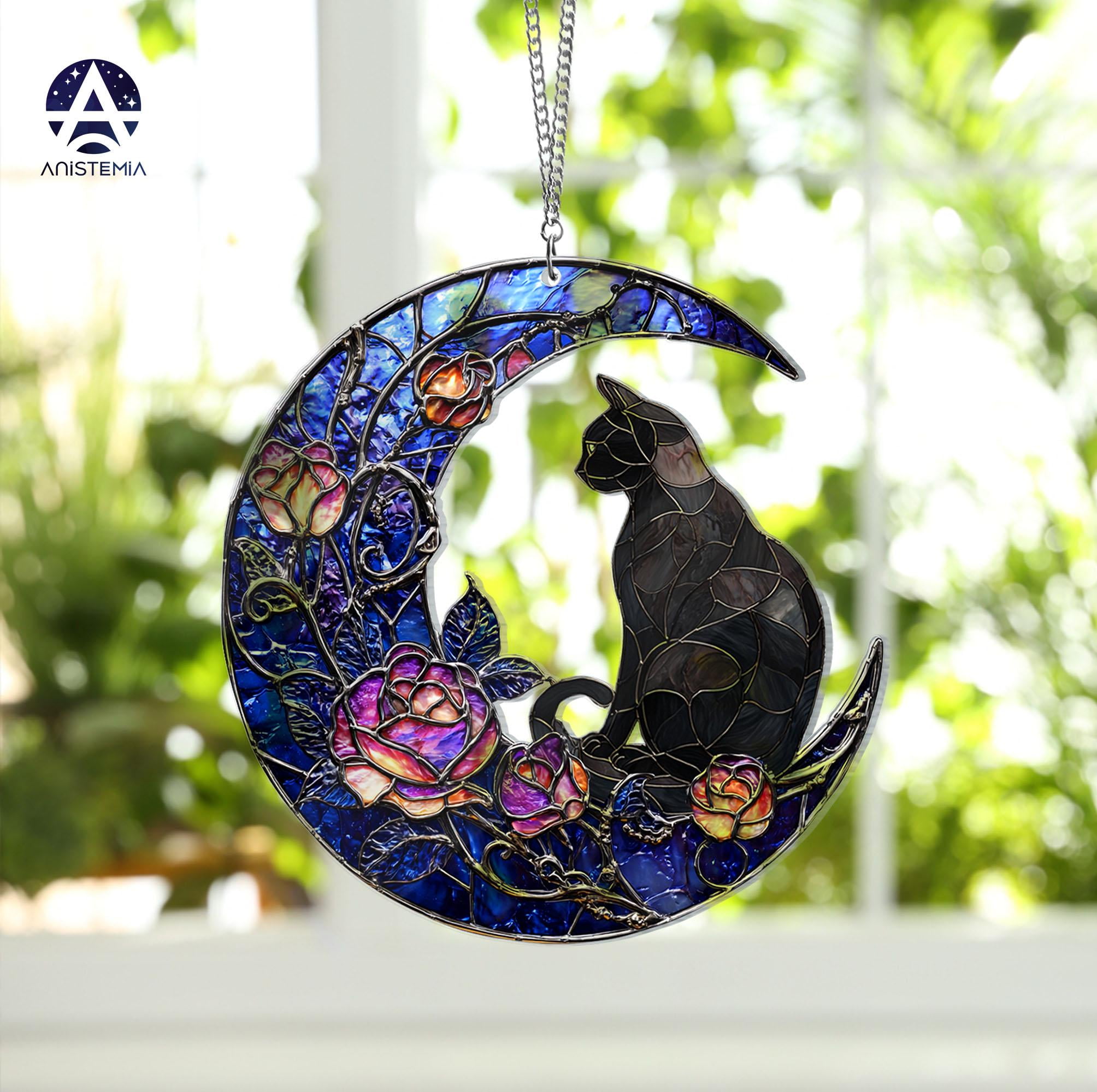 Black Cat on Crescent Moon Suncatcher, Mystical Cat Halloween ...